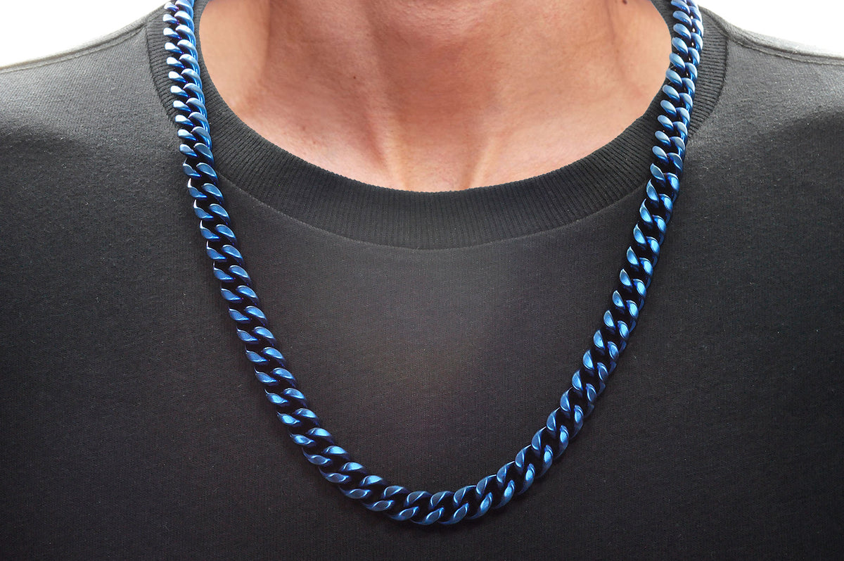 Mens 10mm Matte Blue Stainless Steel Miami Cuban Link Chain Necklace W