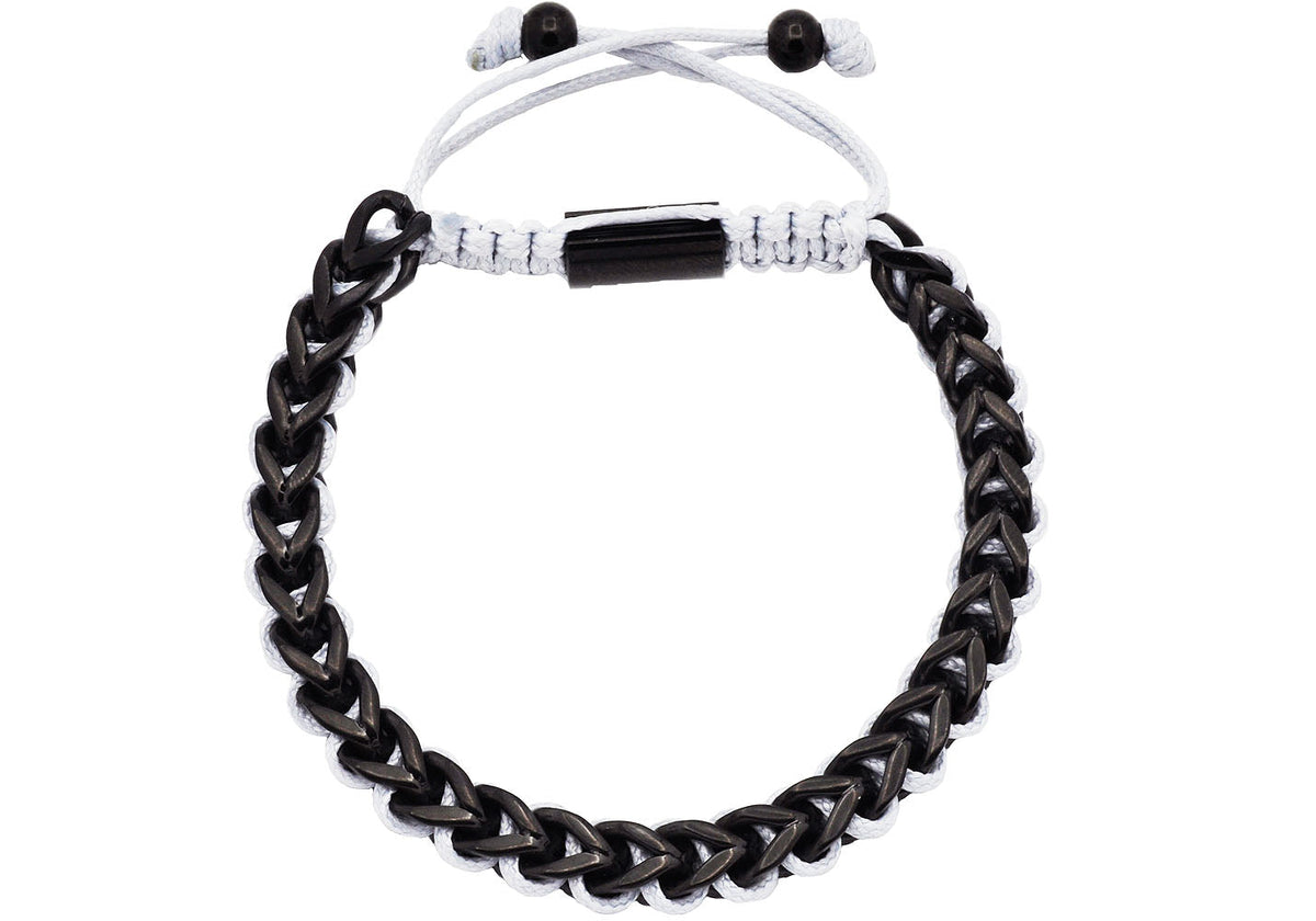 Men's Black Stainless Steel 6mm Franco Link White Drawstring Bracelet